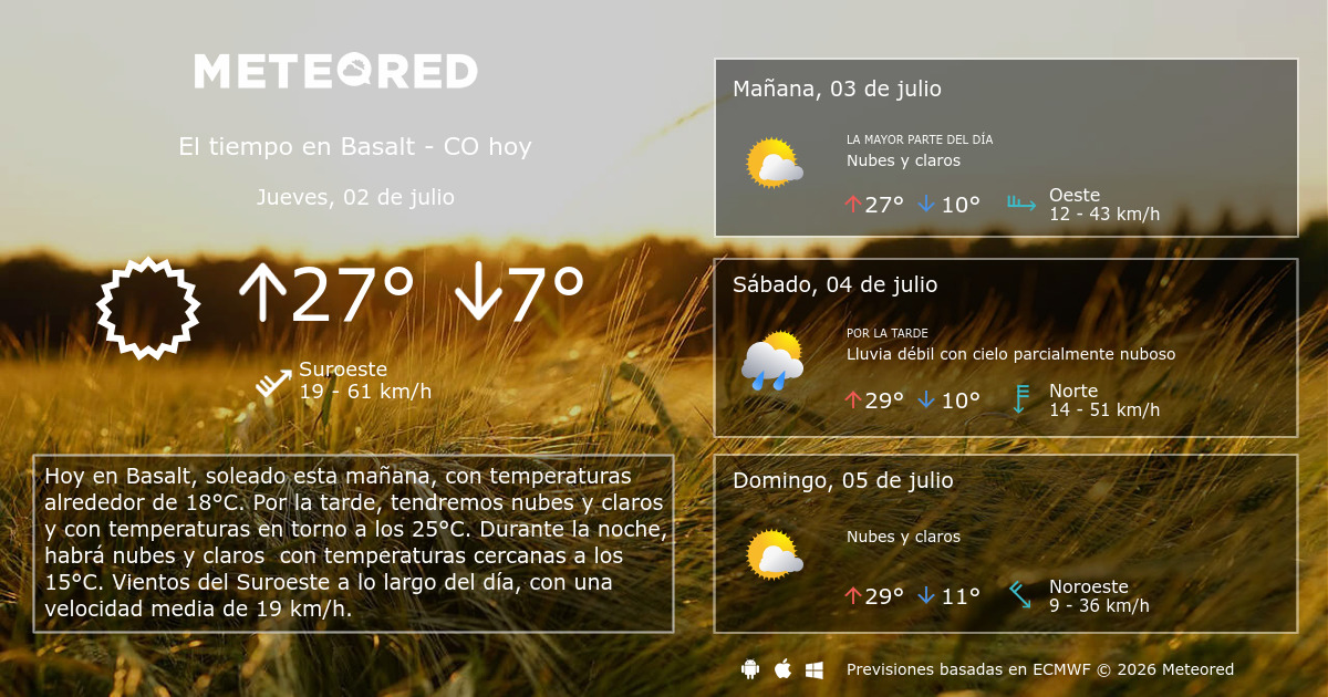 El Tiempo en Basalt - CO. Predicción a 14 días - Meteored España