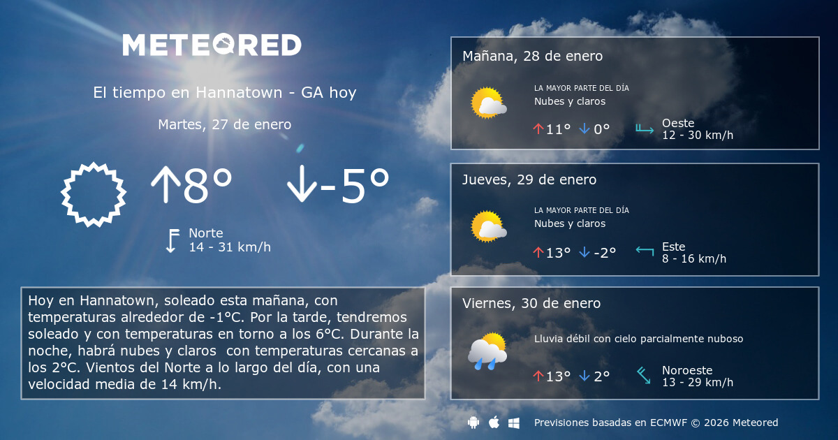 El Tiempo en Hannatown - GA. Predicción a 14 días - Meteored